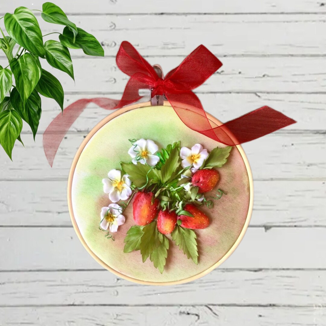 3D Flower Painting Framed Ribbon Embroidered Strawberries With Flowers ...