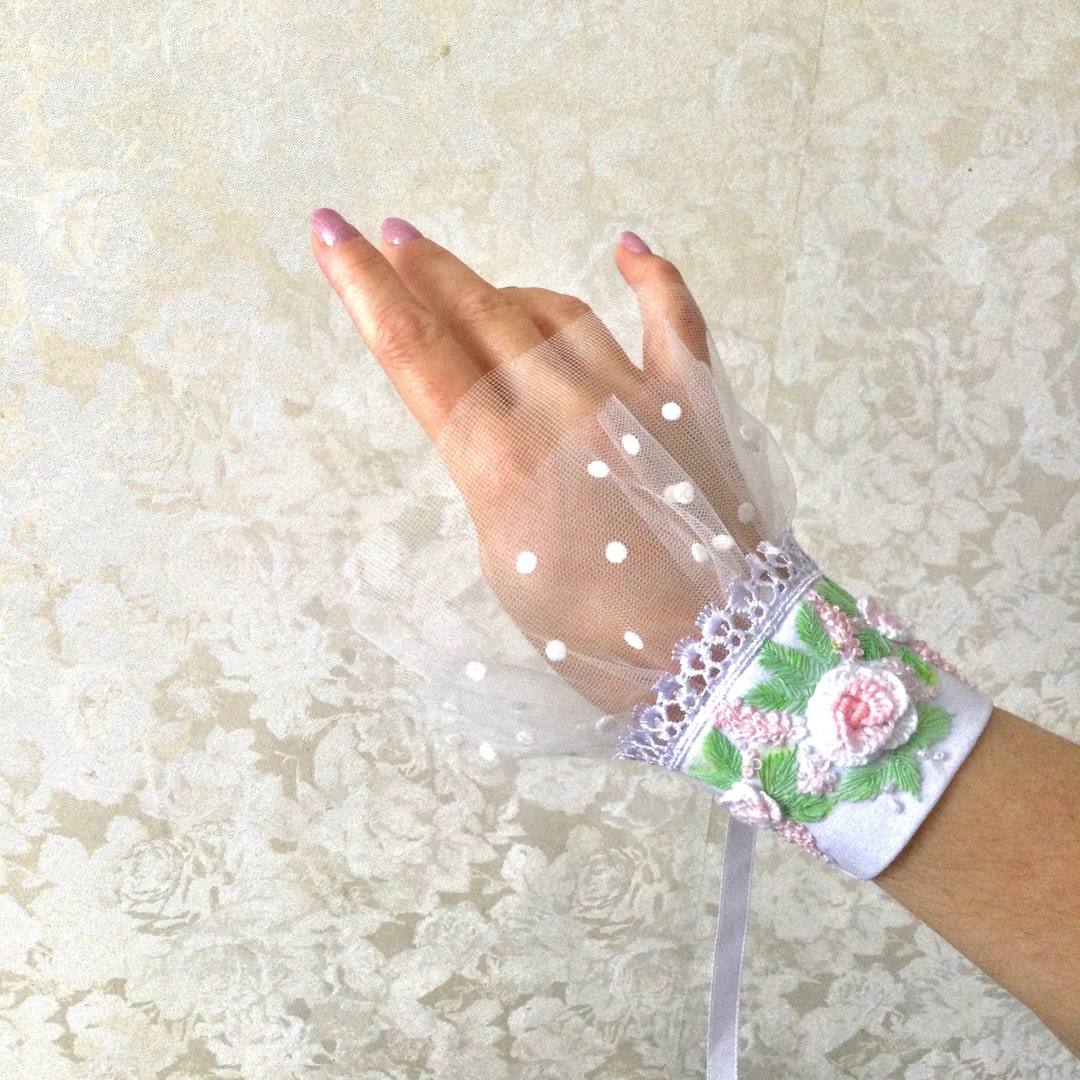 One Pair Embroidered Cuffs Bracelet of Tulle and Lace Hand Embroidery ...
