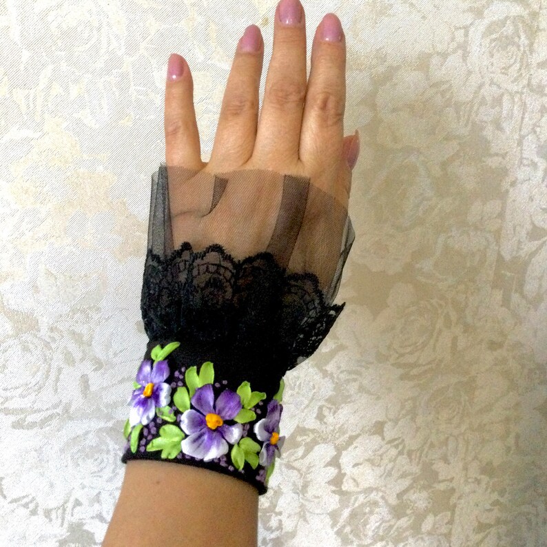 Black Detachable Embroidered Ribbon Cuffs. One Pair Cuffs Bracelet of ...