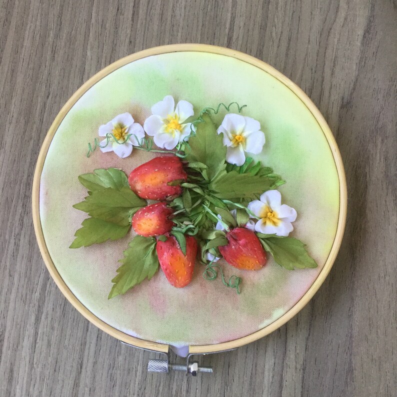 3D Flower Painting Framed Ribbon Embroidered Strawberries With Flowers ...