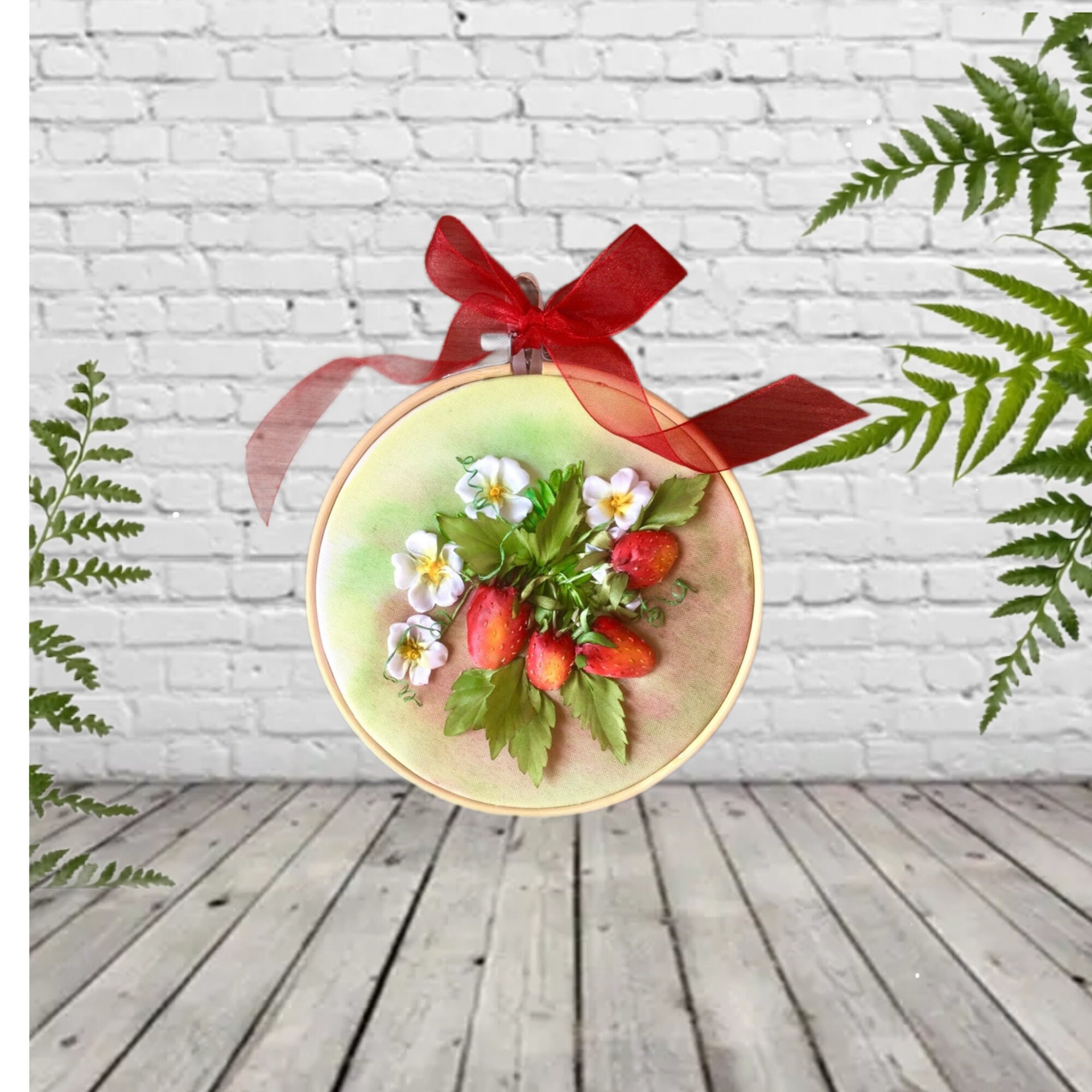 3D Flower Painting Framed Ribbon Embroidered Strawberries With Flowers ...