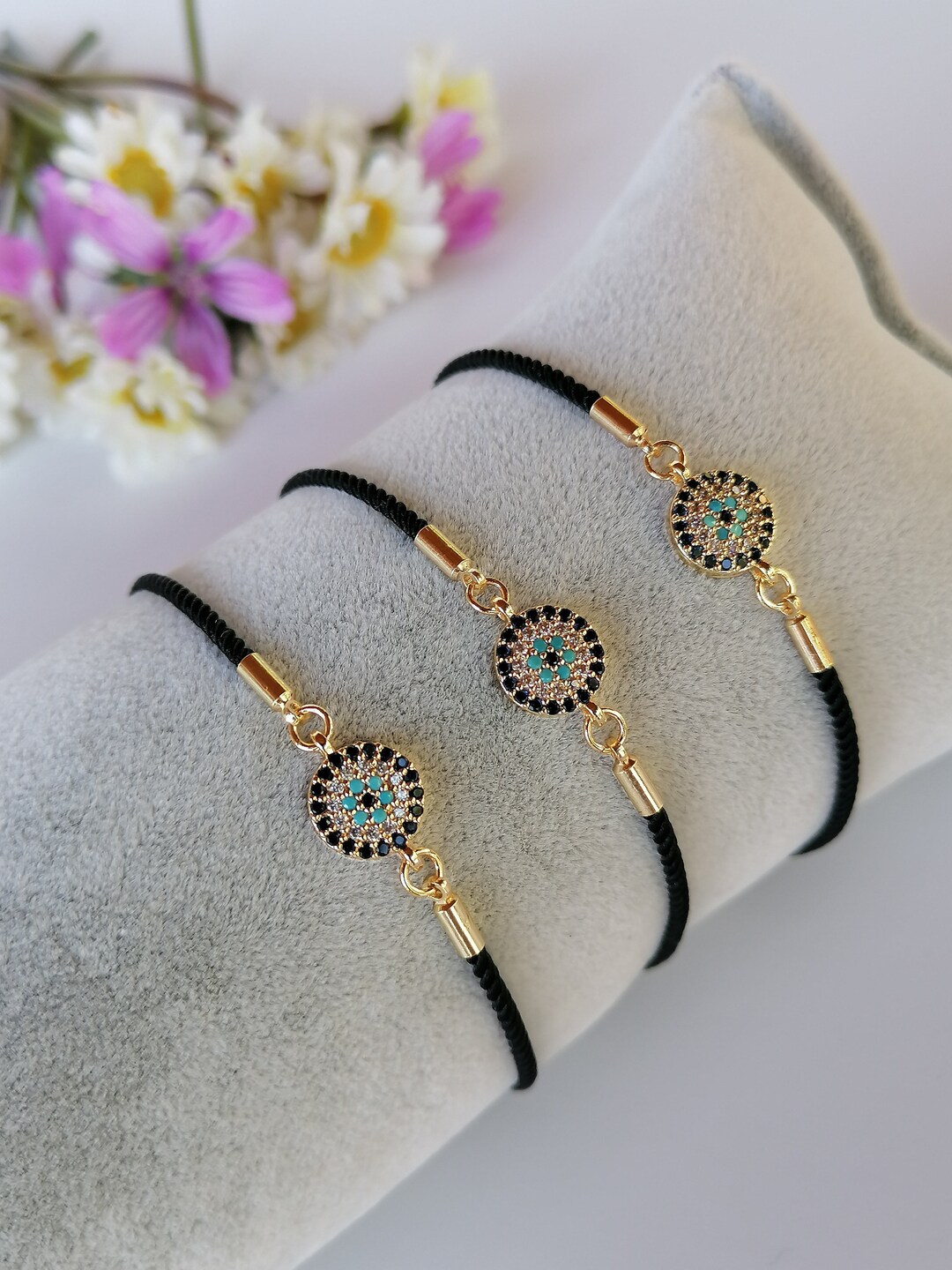 Evil Eye Bracelet, Black String Bracelet, Evil Eye Charm Bracelet, Gold ...