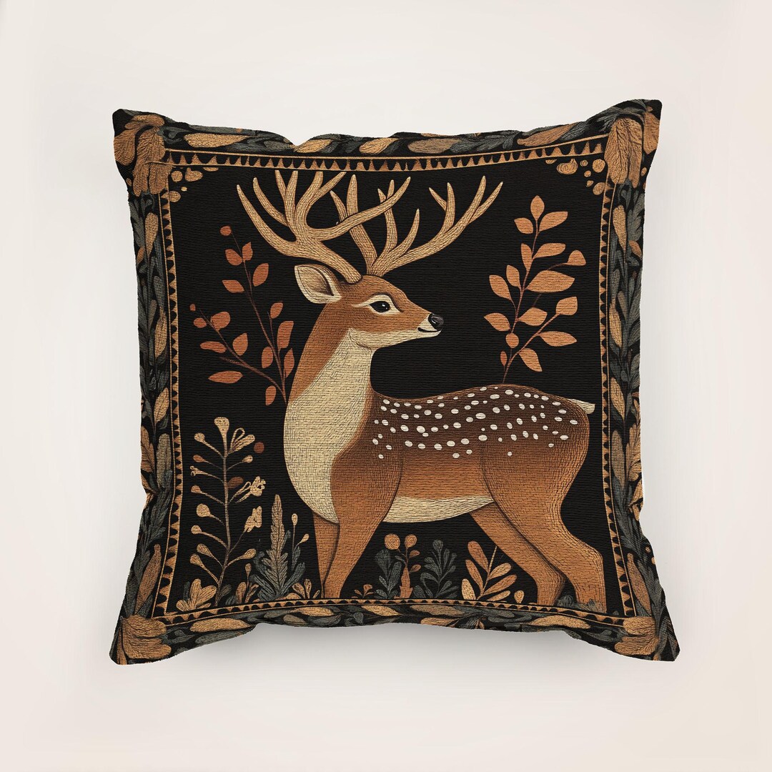 Deer Woven Pillow, Woodland Decor Cushion, Rustic Forestcore Accent ...