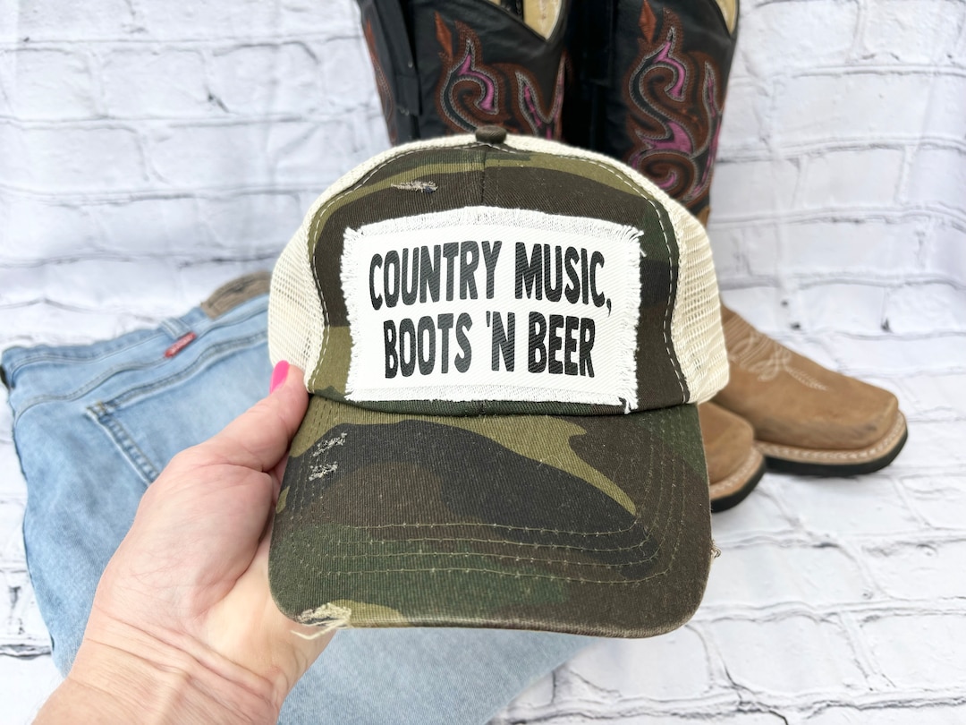 Country Music, Boots N Beer Hat, Tattered Hat, Patch Hat, Baseball Hat ...