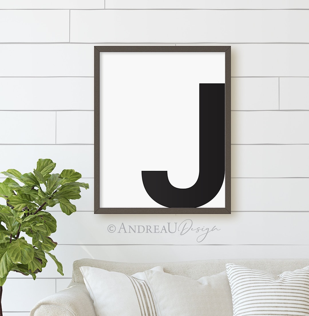 J Letter Art, Black and White First Initial, Teen Boy Wall Art ...