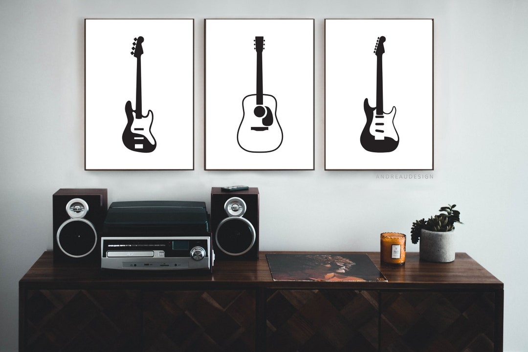 Set of 3 Matching Guitar Prints, Black and White Music Art, Guitarist ...