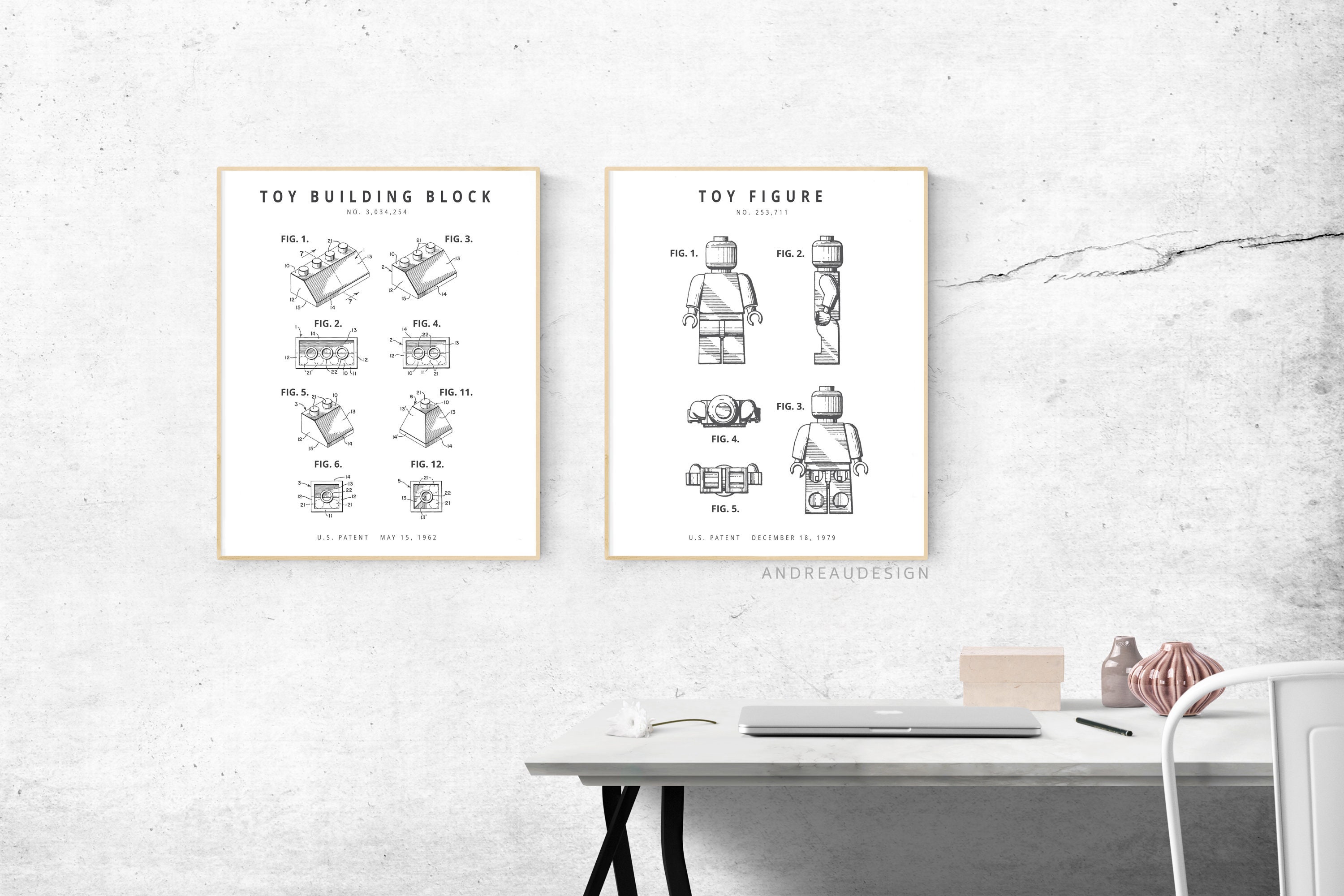 Set of 2 Black and White Building Figure and Toy Patent Art, Brick ...