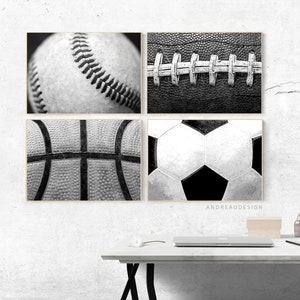 Set of 4 Black and White Gallery Wall Art, Sports Balls Poster, Teen ...