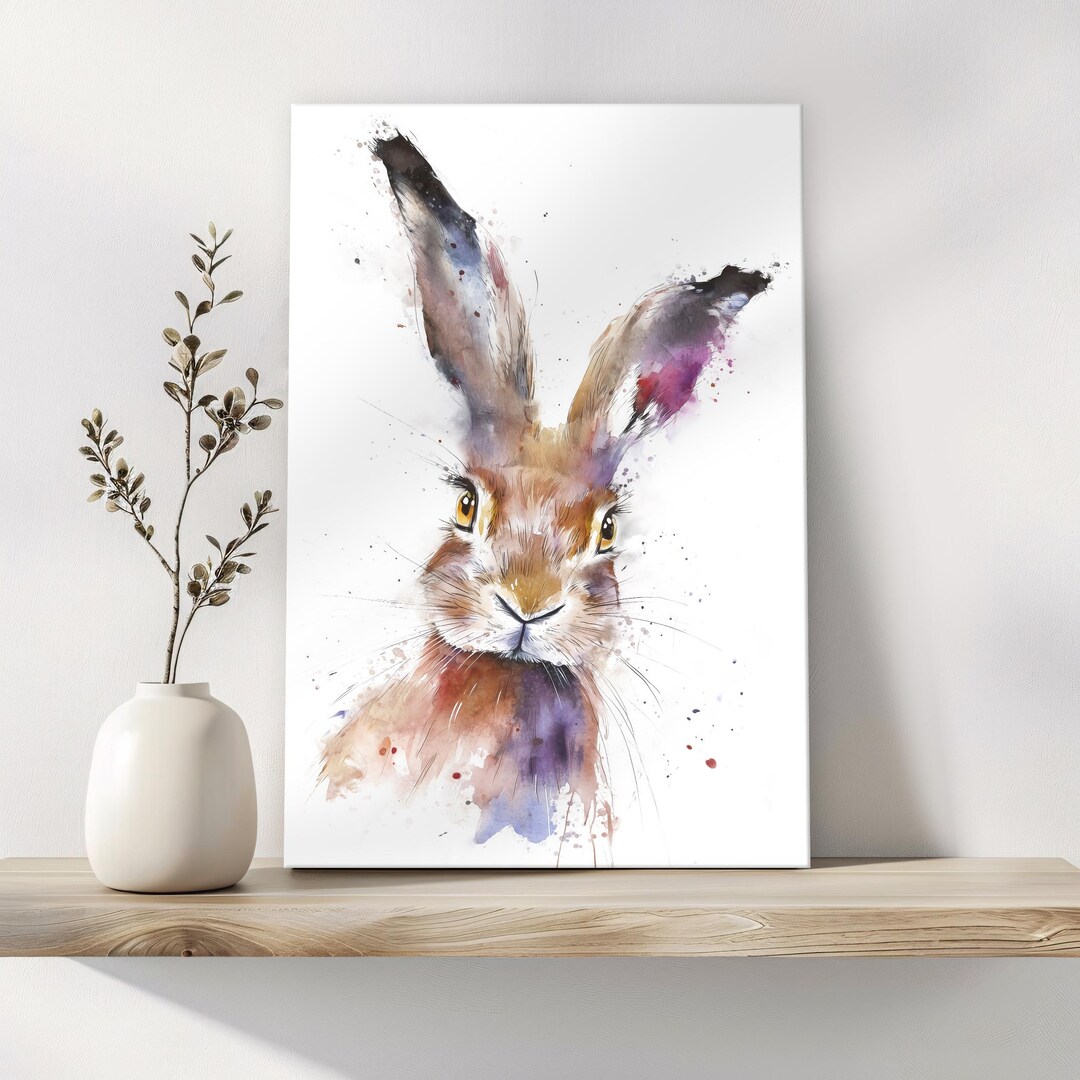 Hare Canvas Wall Art Print - Framed Watercolour Painting - Colourful ...