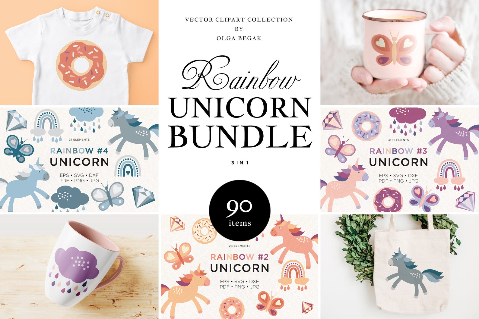 Rainbow Unicorn SVG Clipart Bundle: Unicorn Butterfly Cloud | Etsy