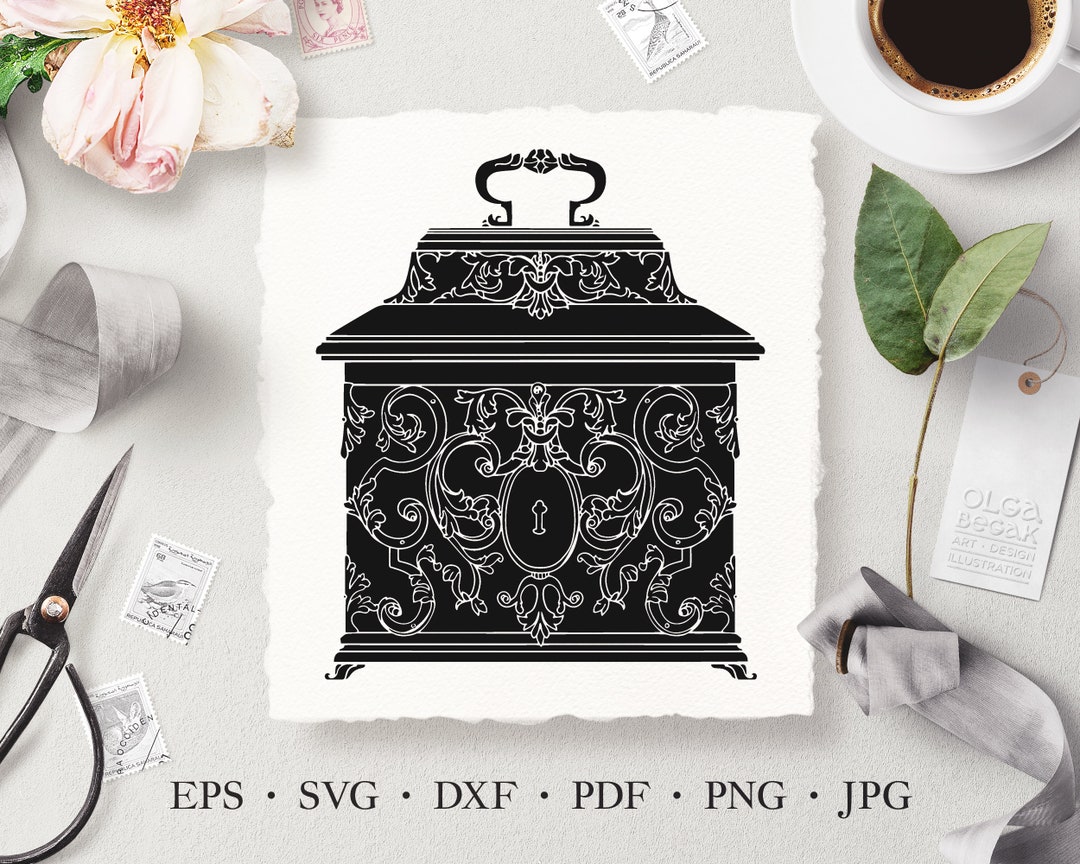 Casket SVG Laser Cut Files, Ornate Jewelry Box Vector Illustration ...