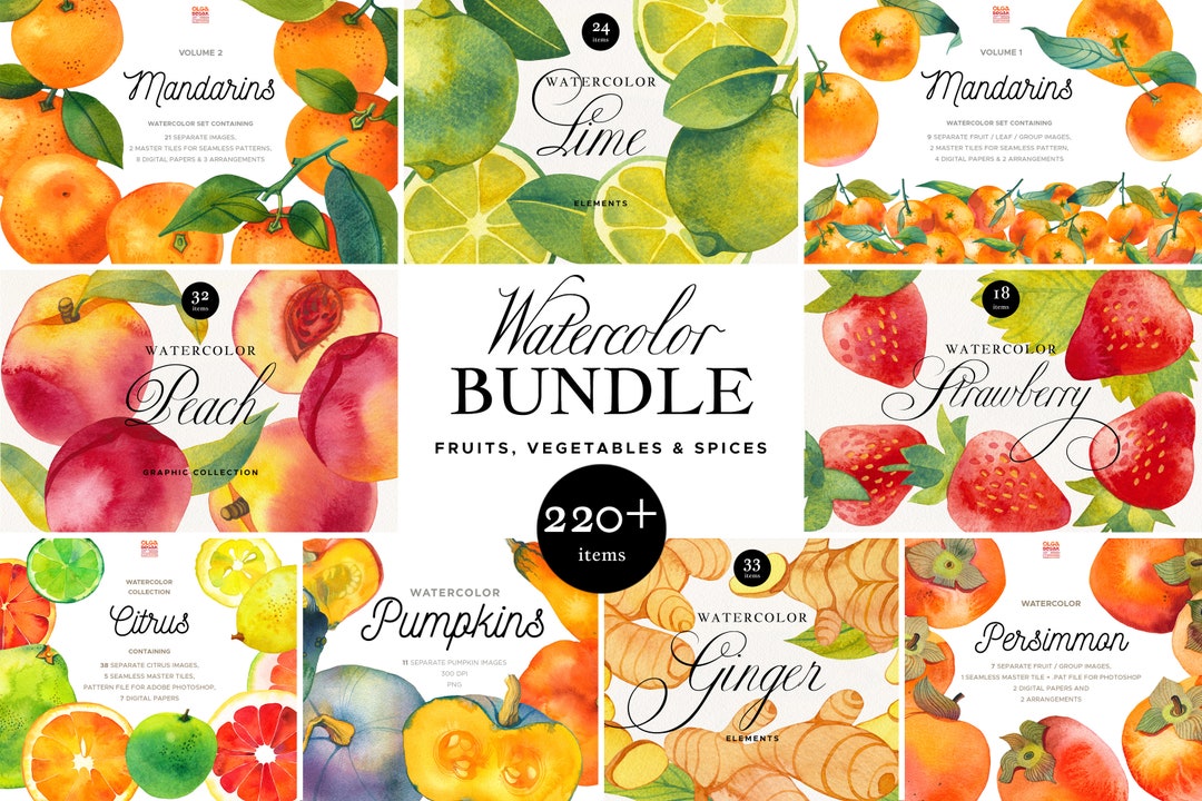 Watercolor Clipart Bundle, Hand Painted Fruits, Berries and Vegetables ...