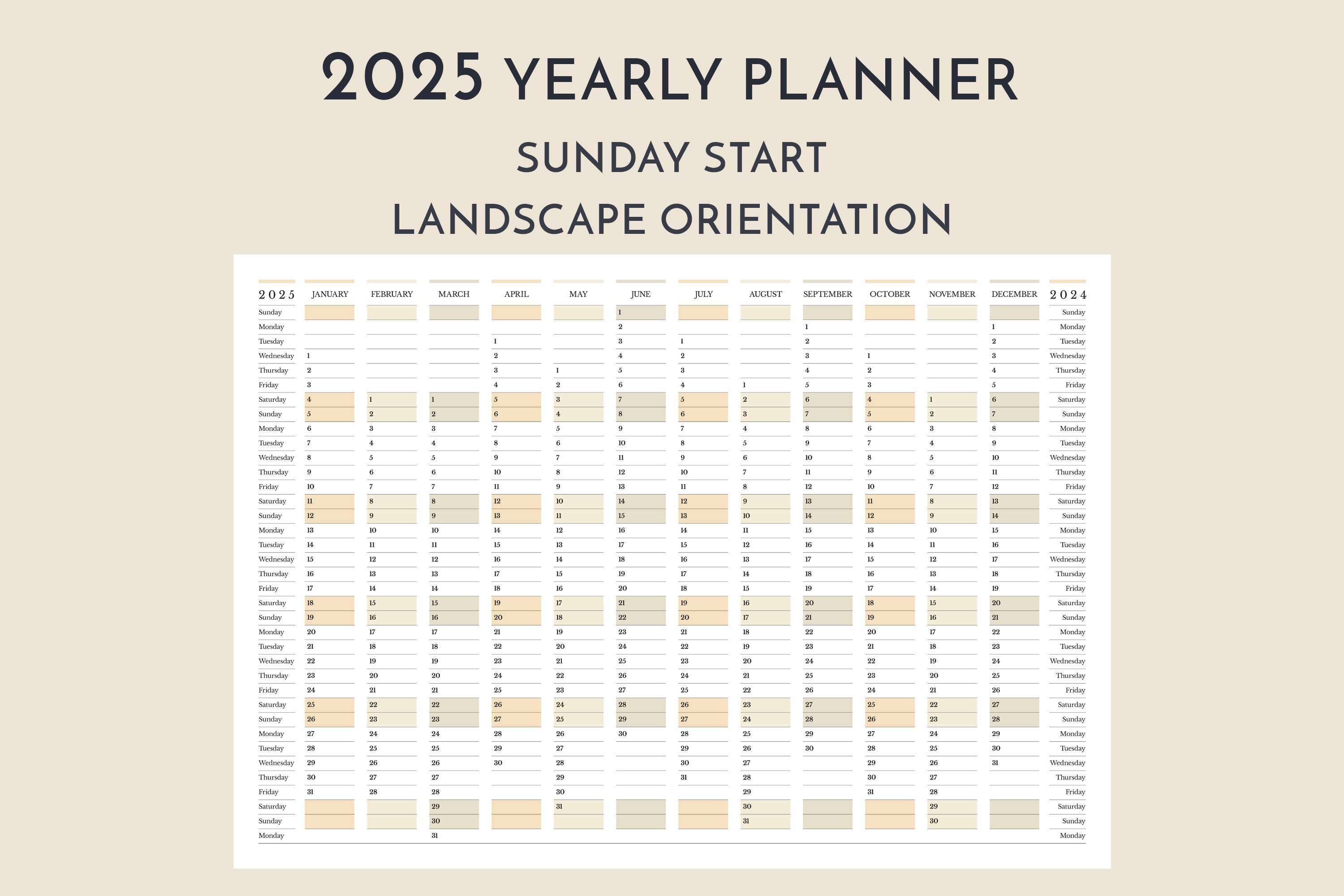 2025 Yearly Wall Landscape Planner Sunday Start, Printable 12 Month ...