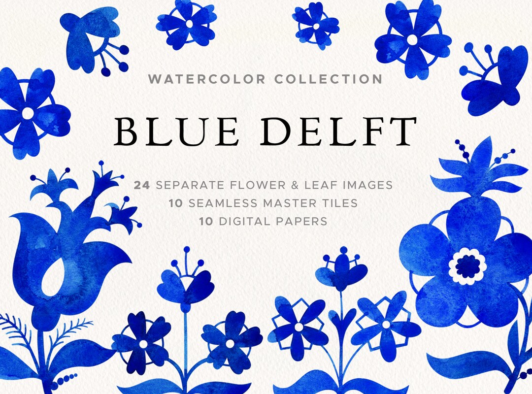 Blue Delft Watercolor Clipart, Dutch Flowers Clipart With Elements ...
