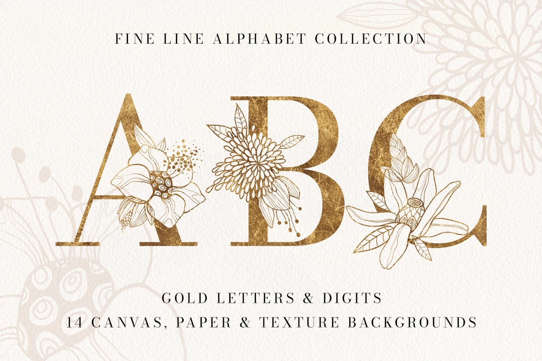 FINE LINE Floral Gold Alphabet, Wedding Monogram Font, Floral Letters ...