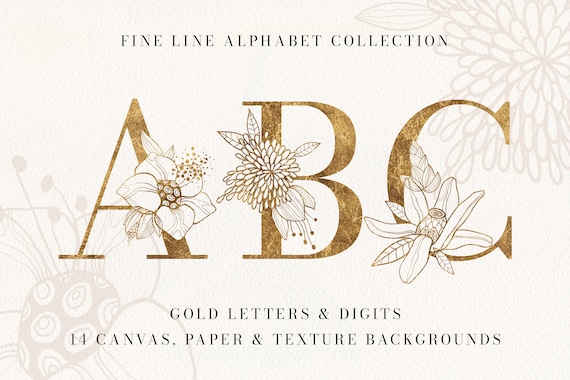 FINE LINE Floral Gold Alphabet Wedding Monogram Font Floral - Etsy