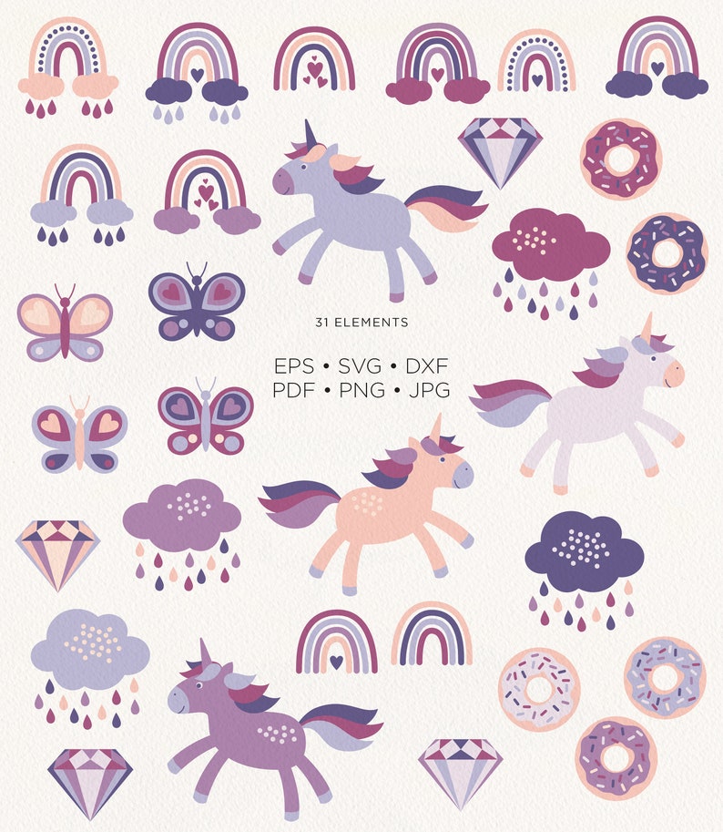 Rainbow Unicorn SVG Clipart Bundle: Unicorn Butterfly Cloud | Etsy