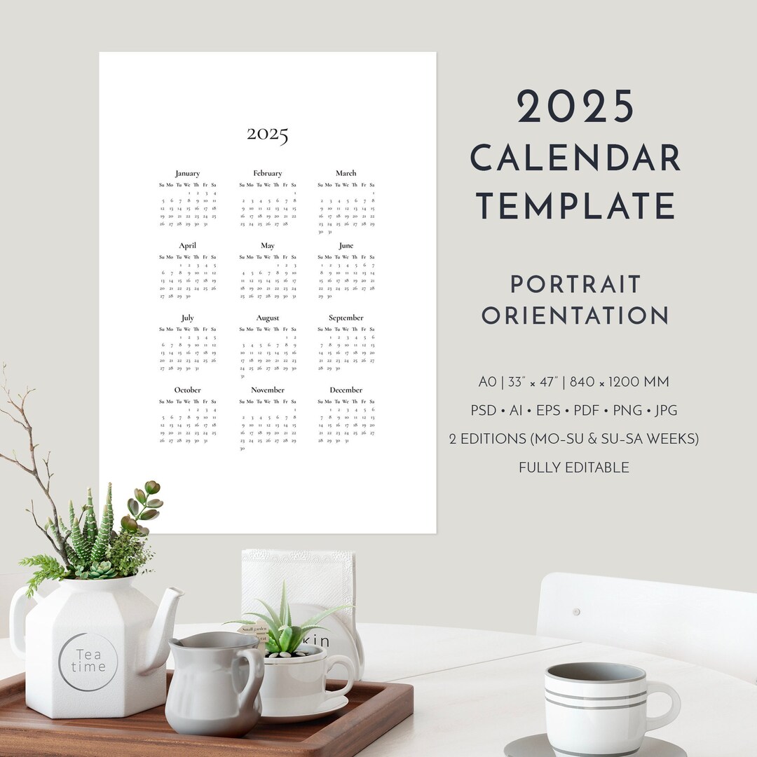 2025 Calendar Template, Large Printable 12 Month Wall Calendar, Fully ...