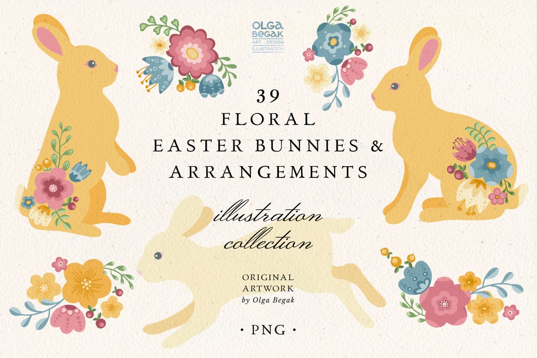 Easter Floral Bunnies and Arrangements Clipart, Easter Rabbit Decor PNG ...
