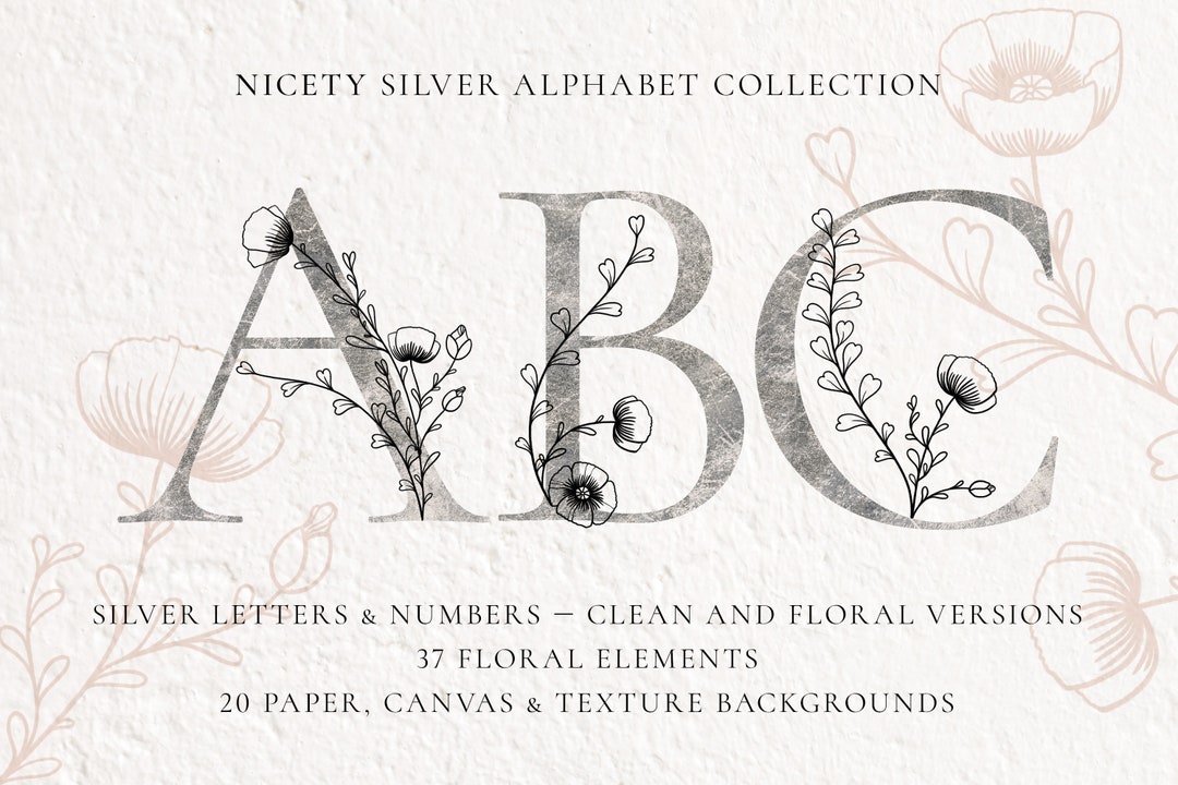 NICETY Flower Silver Alphabet, Wedding Monogram Font With Floral ...