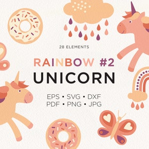 Rainbow Unicorn SVG Clipart Bundle: Unicorn, Butterfly, Cloud, Diamond ...