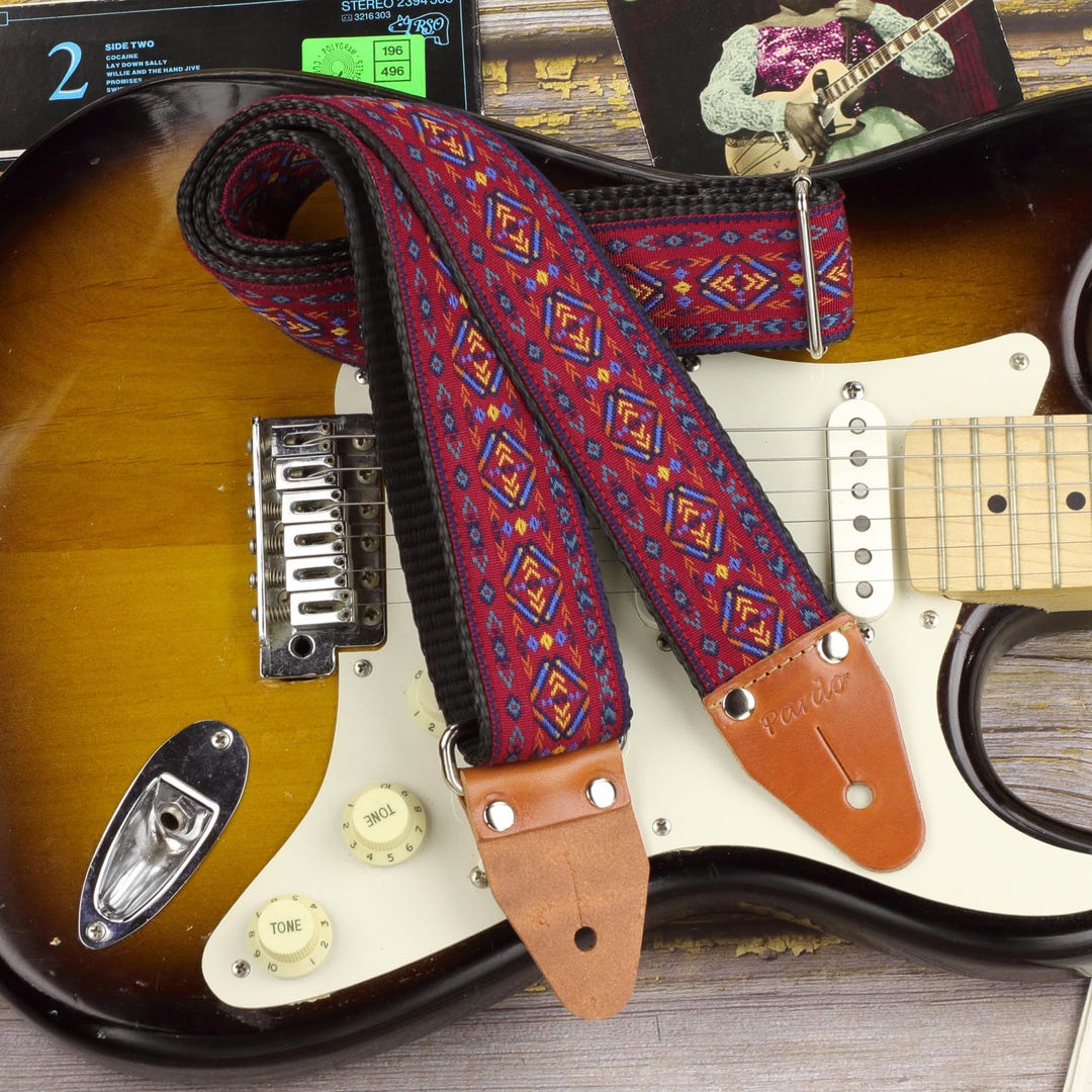 Red Guitar Strap – Woven Jacquard Fabric With Ethnic Pattern ...