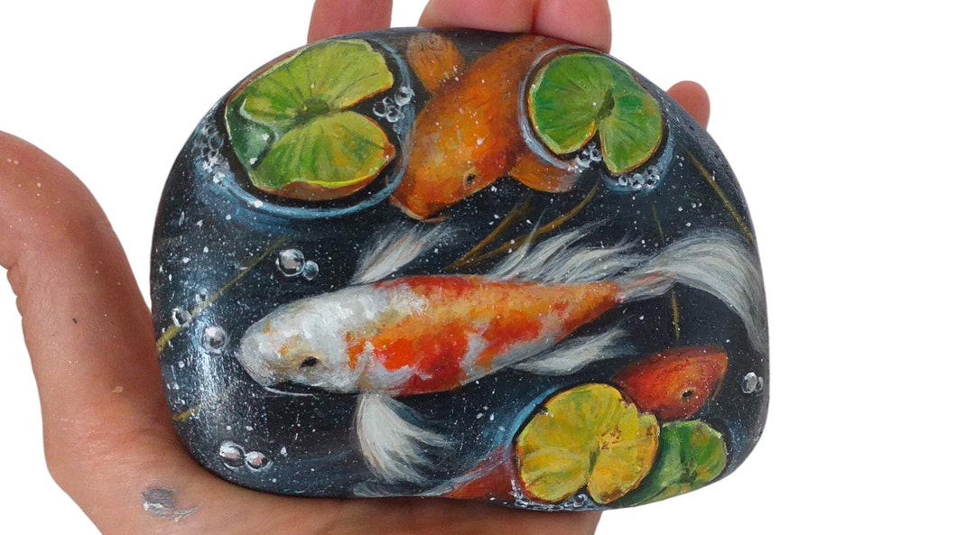 Koi Fish Pond Painted on Stone, Carp Fish Koi Painted on Rock, Koi Fish ...