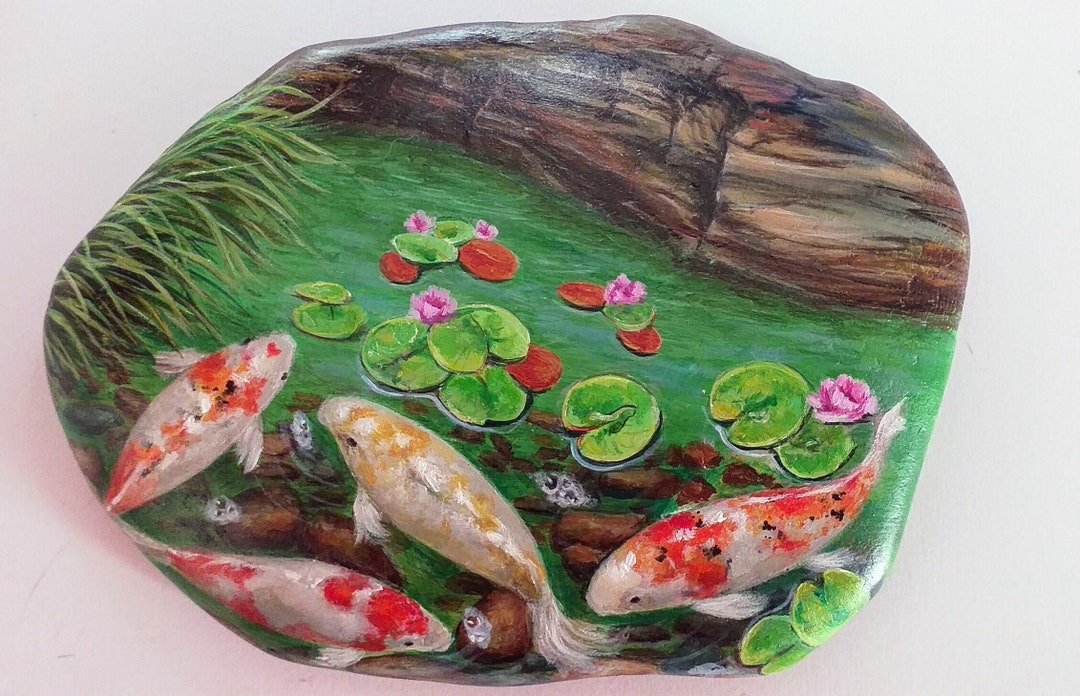 Koi Fish Carp Pond Painted on Stone, Koi Fish Painted on Rock, Koi Fish ...