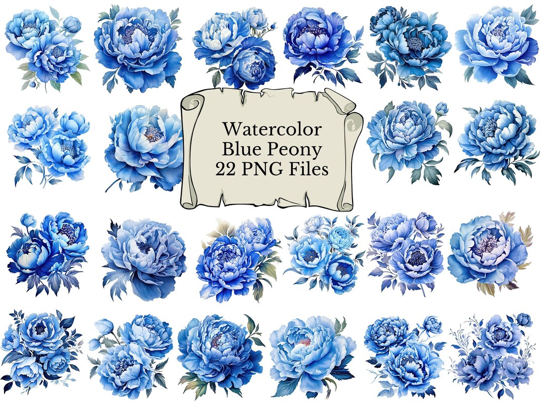Watercolor Blue Peonies Clip Art, Peony Flower Embellishments, Blue ...