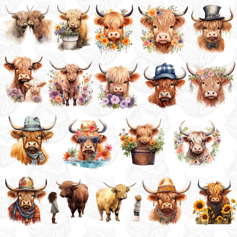 Watercolor Highland Cow Clipart Cute Baby Shower Graphics Nursery Decor ...