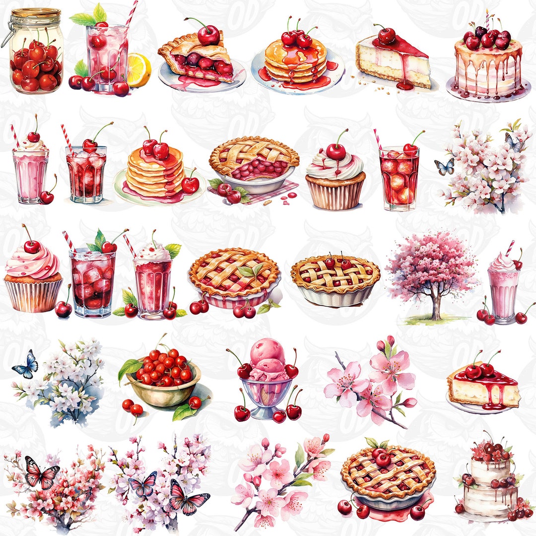 Watercolor Cherries Cherry Fruit Pie Cheesecake, Cute Clipart Cherry ...