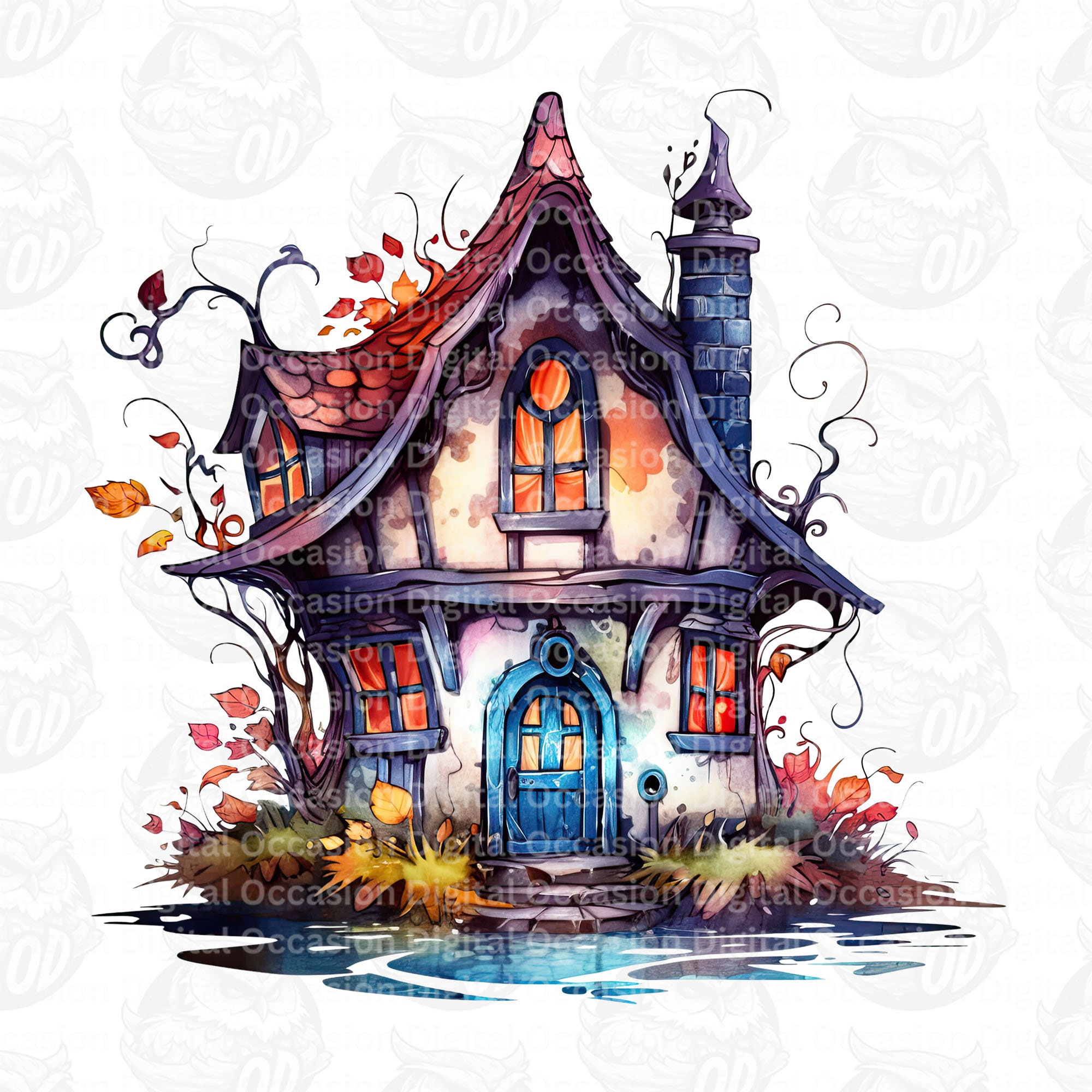 Watercolor Cartoon Spring Spooky Witch House and Witch Cottage Clipart ...