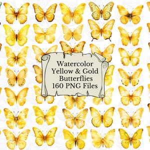 Watercolor Gold & Yellow Color Butterfly Clipart, 160 Separate PNG ...
