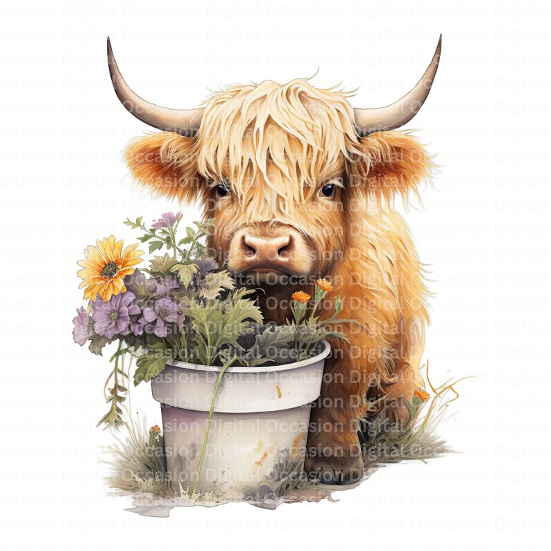 Watercolor Highland Cow Clipart Cute Baby Shower Graphics Nursery Decor ...