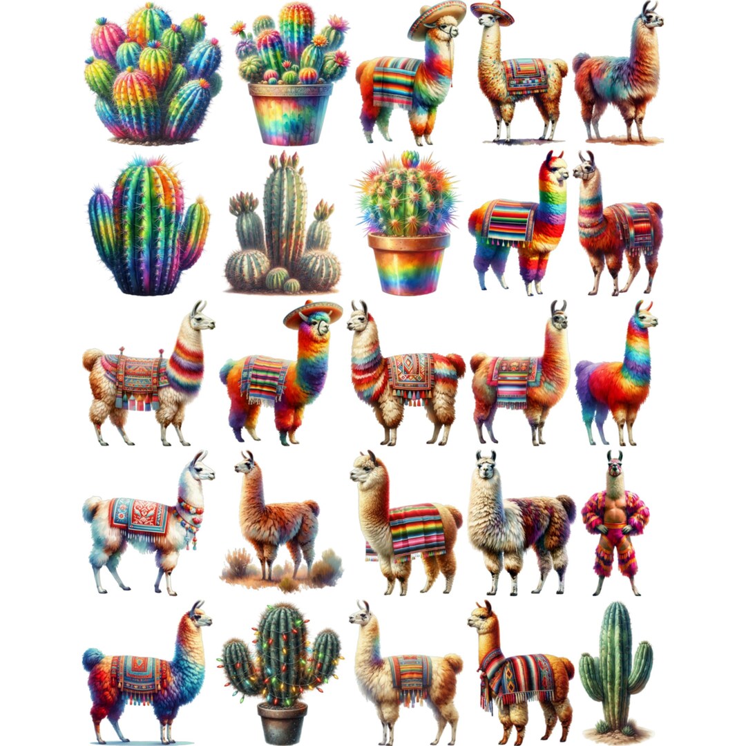 Watercolor Llama Clipart, Cute Llama or Alpaca Painting and Cactus ...