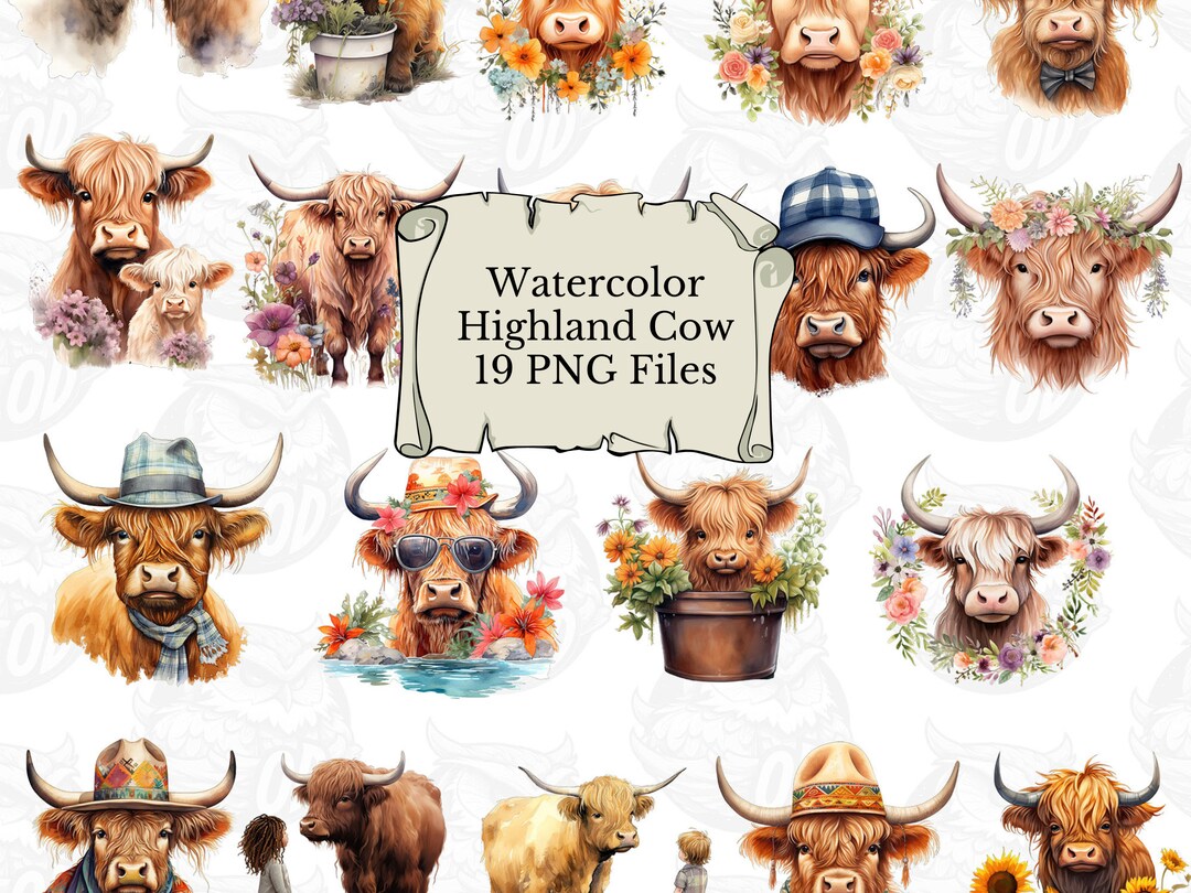 Watercolor Highland Cow Clipart Cute Baby Shower Graphics Nursery Decor ...