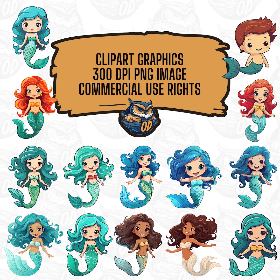 Cute Cartoon Mermaid Girl and Boy Merman Clipart Instant Download PNG ...