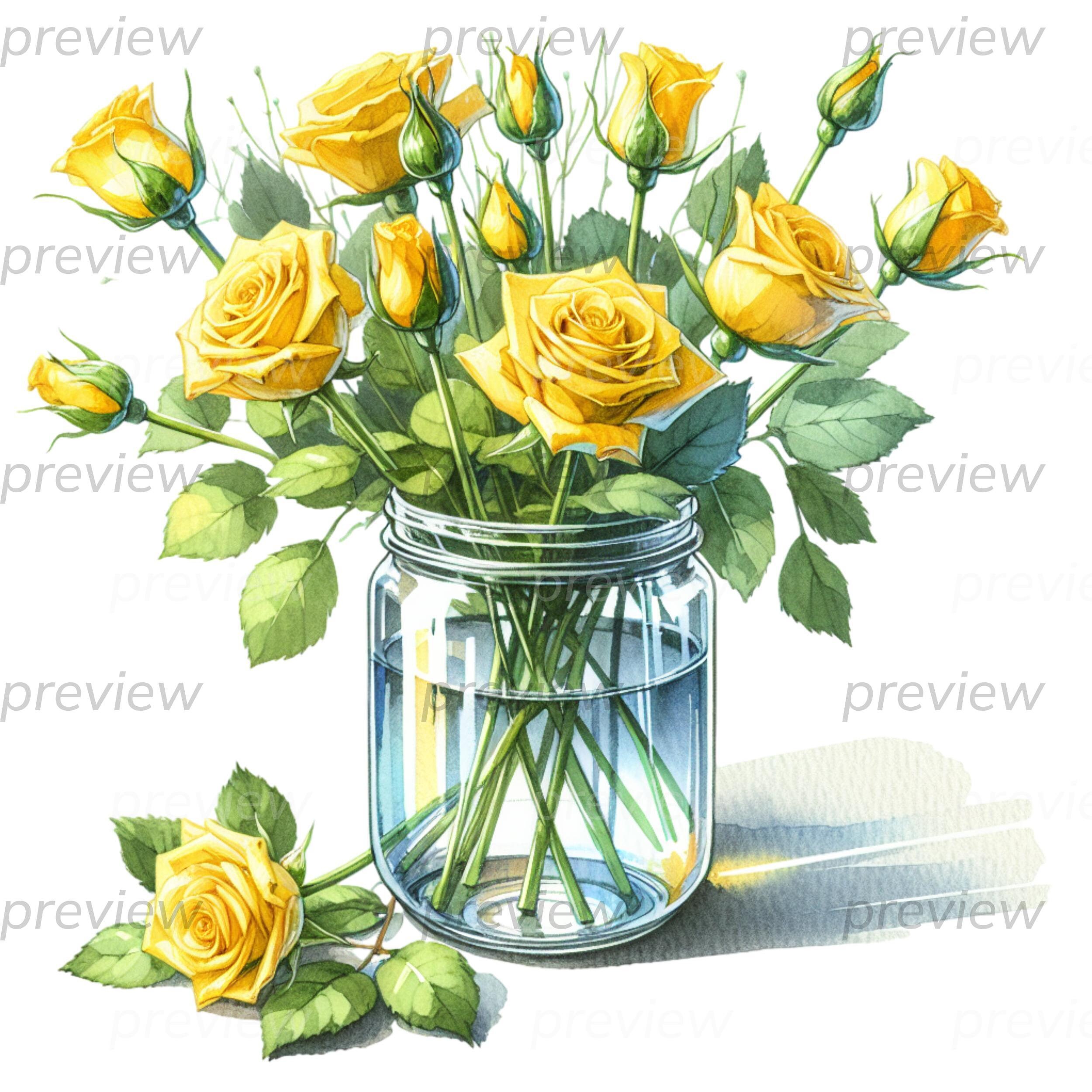 Yellow Roses Watercolor Clipart - Single and Boquet Floral Roses and ...