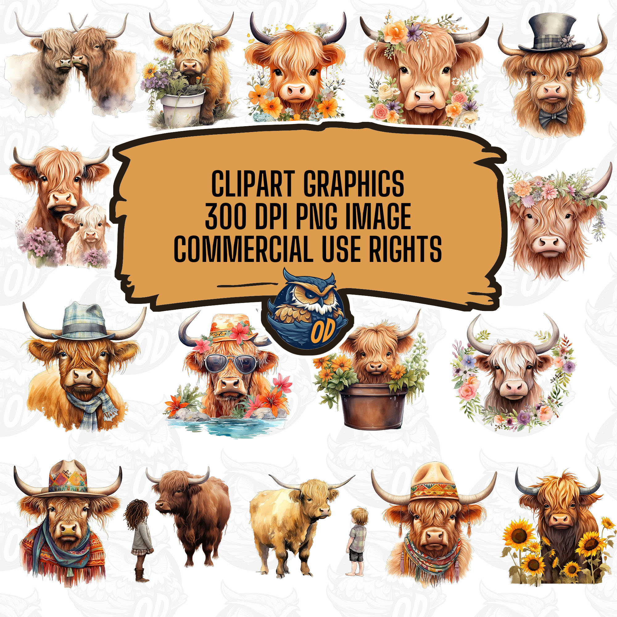 Watercolor Highland Cow Clipart Cute Baby Shower Graphics Nursery Decor ...