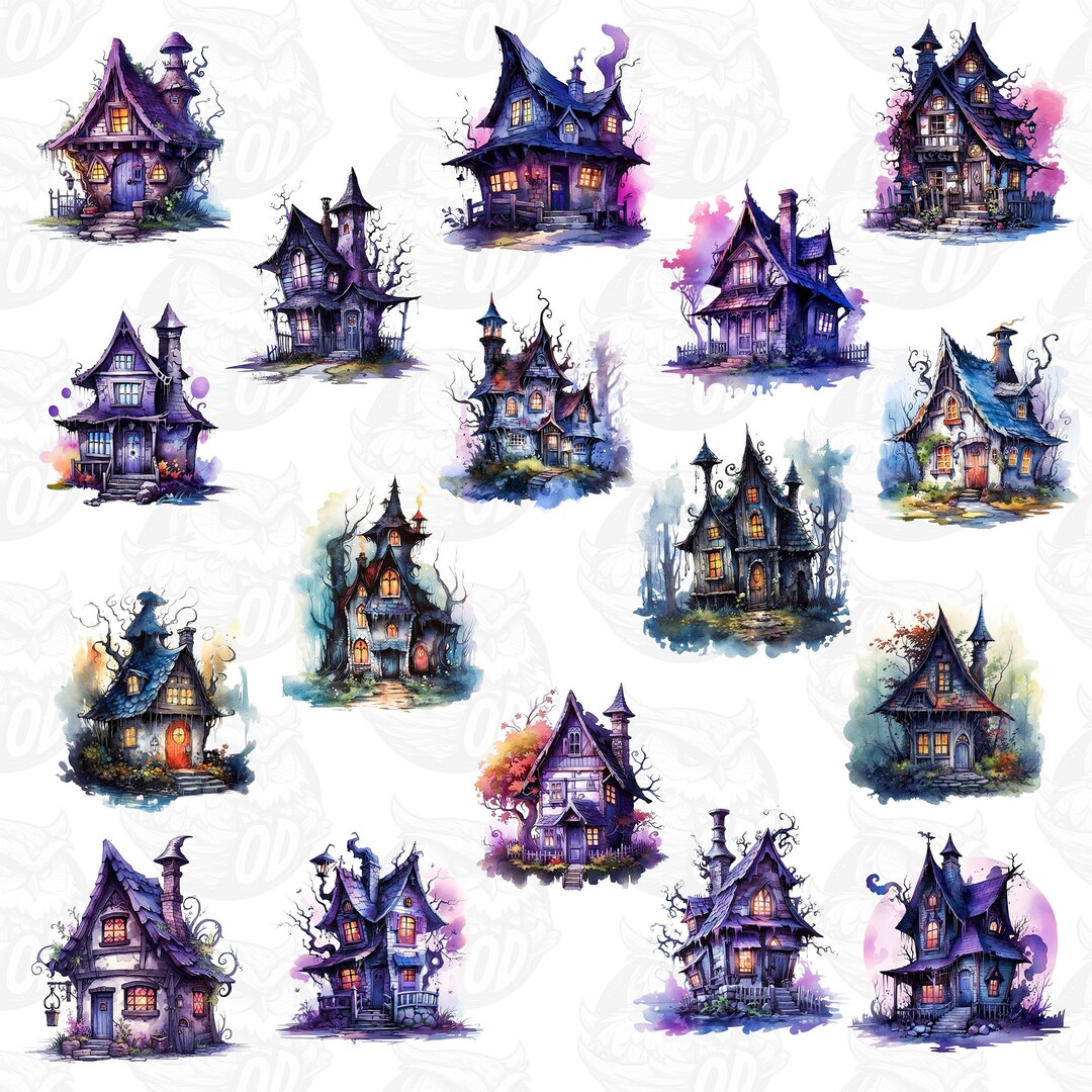 Watercolor Cartoon Spooky Spring Witch House and Witch Cottage Clipart ...