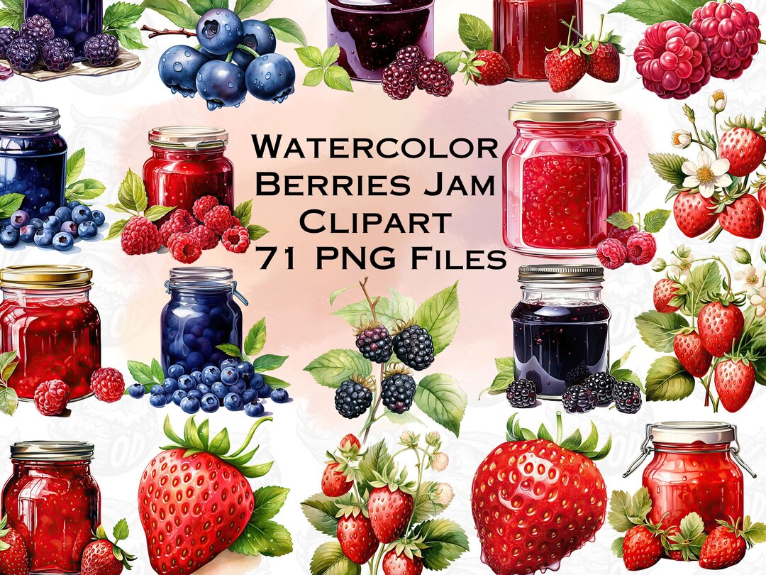 Watercolor Berries Jam Clipart, Strawberry, Raspberry, Blackberry, and ...