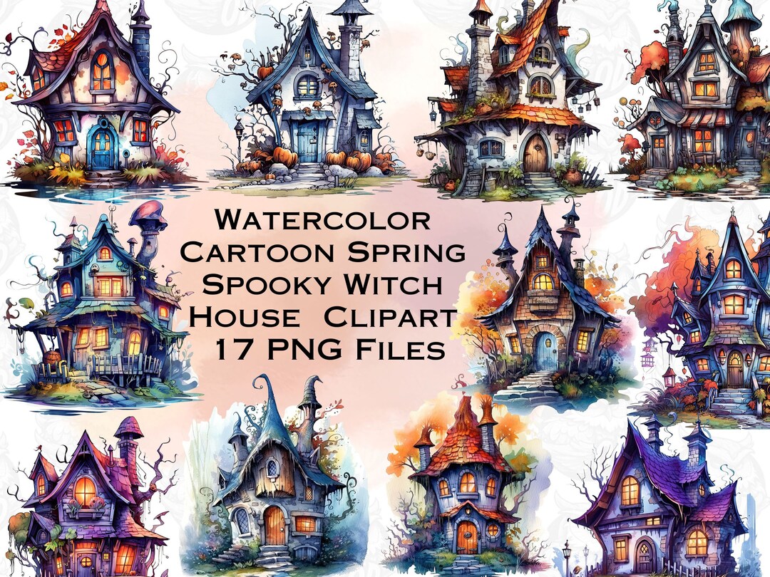 Watercolor Cartoon Spring Spooky Witch House and Witch Cottage Clipart ...