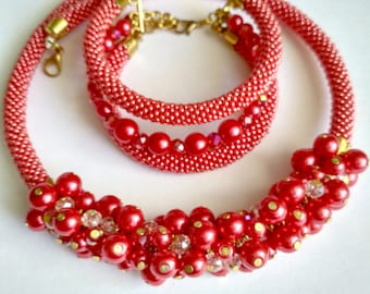 Red jewelry set | Etsy