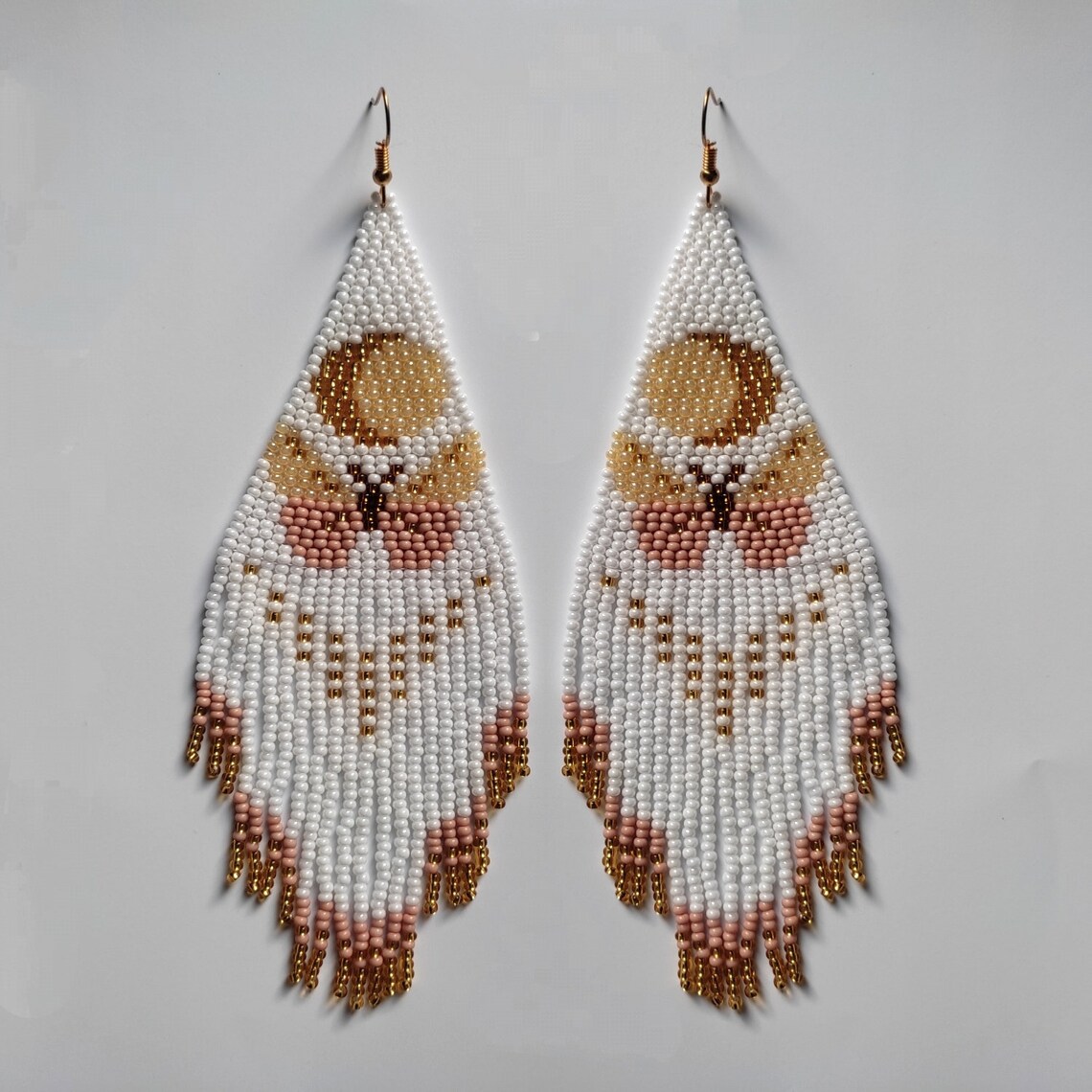 Gold Beaded Earrings Moon Earrings Long White Bead Earrings - Etsy