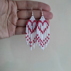 White Beaded Earrings Heart Earrings Long White Bead Earrings Seed Bead ...