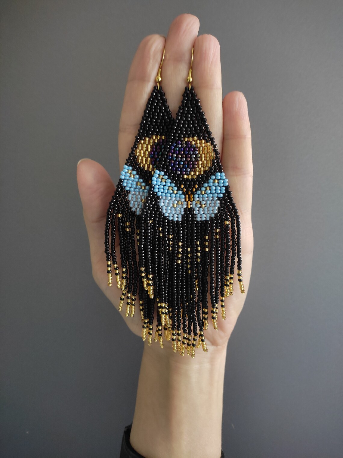 Gold Beaded Earrings Moon Earrings Long Black Bead Earrings - Etsy