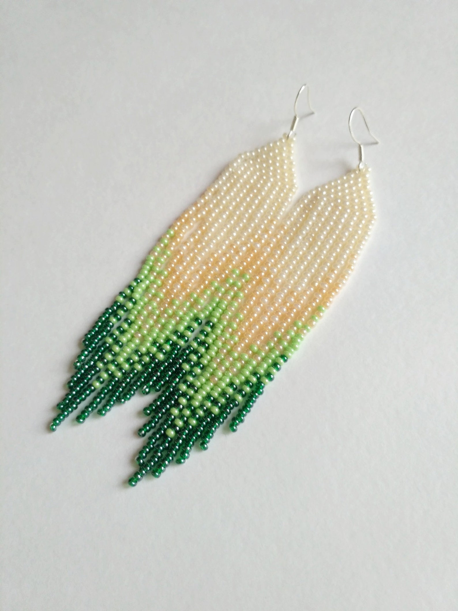 Green Beige Beaded Earrings Boho Seed Bead Earrings Fringe - Etsy