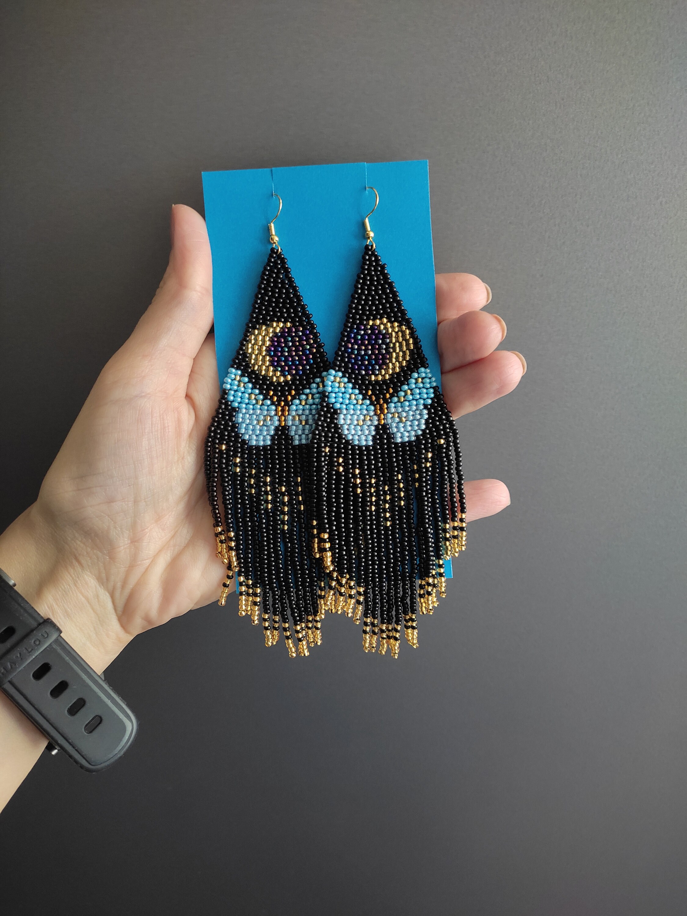 Gold Beaded Earrings Moon Earrings Long Black Bead Earrings - Etsy