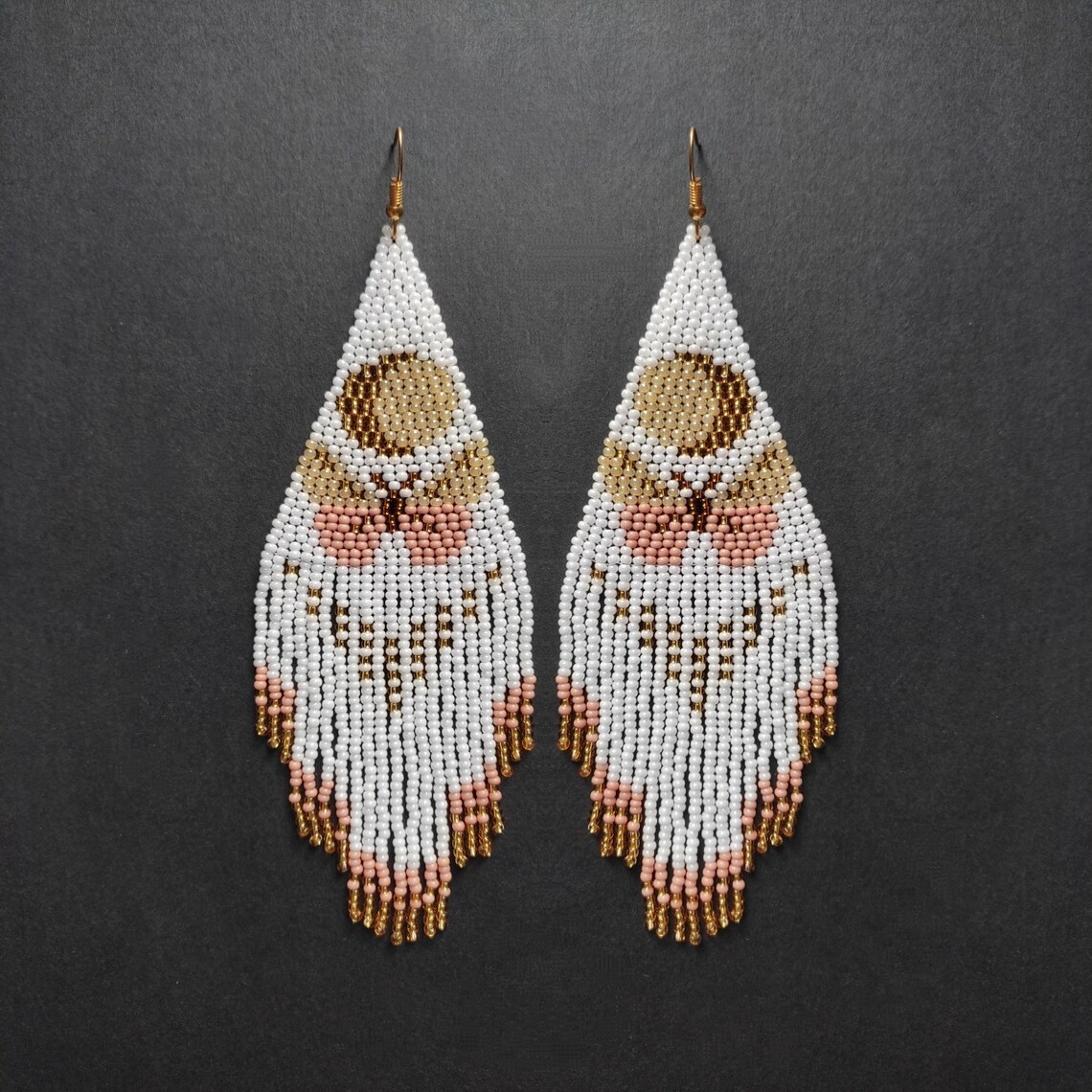 Gold Beaded Earrings Moon Earrings Long White Bead Earrings - Etsy