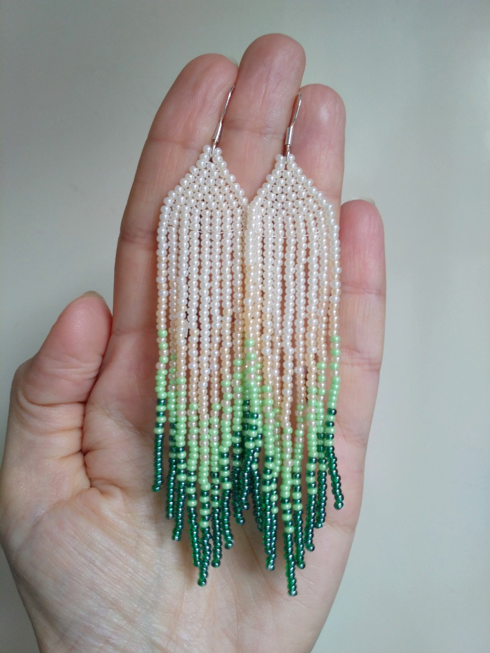 Green Beige Beaded Earrings Boho Seed Bead Earrings Fringe - Etsy